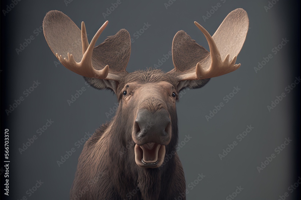 a large moose with large antlers on its head and a big smile on its ...