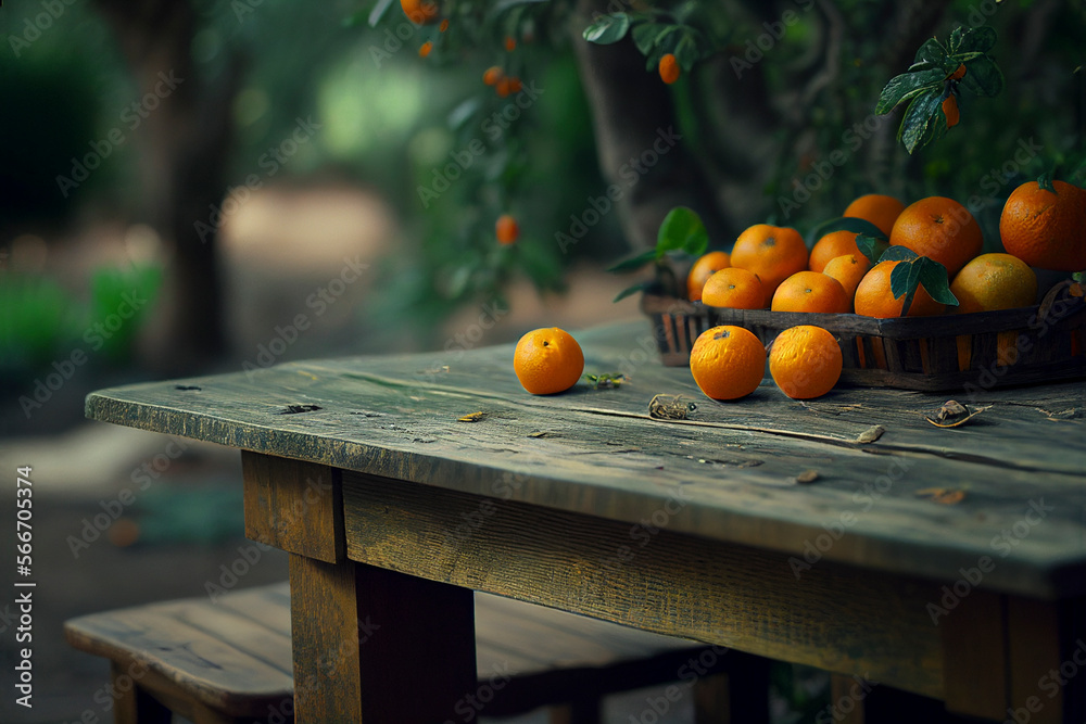 Wooden table and orange trees for product and merchandise display ...