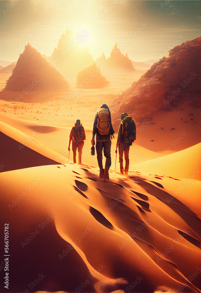 Hikers group in sand desert. Group of backpackers walking on the road ...