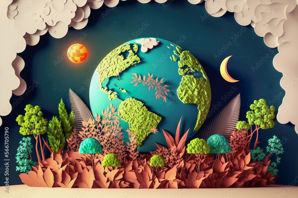 Papercut green nature planet, world environment earth day concept and ...