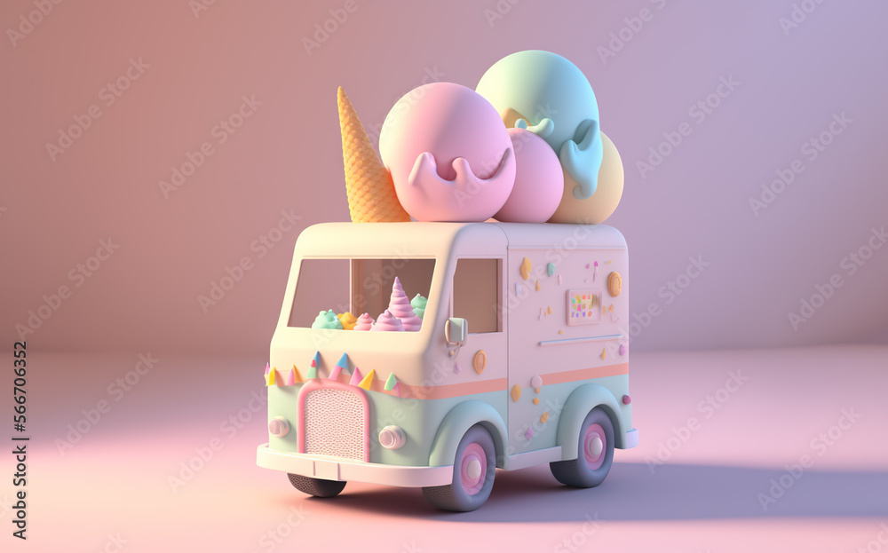 Beautiful ice cream truck with pastel colors in 3D render. Cute tiny ...