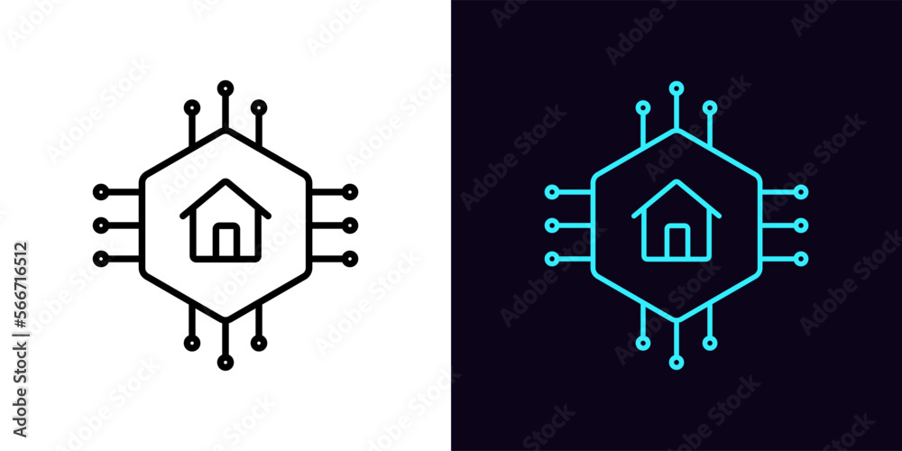 Outline home circuit icon, with editable stroke. Micro circuit frame ...