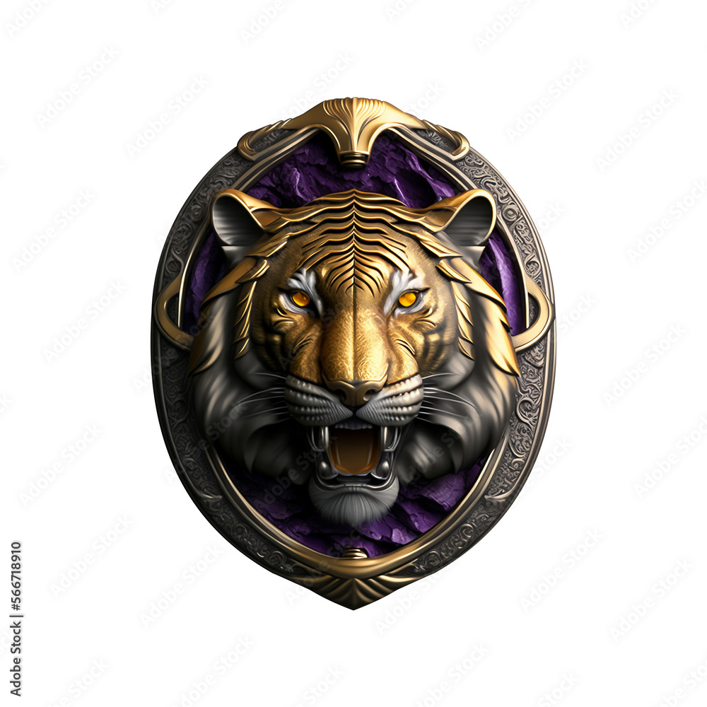 A Silver and gold metal tiger head metal emblem. 3D style tiger metal ...