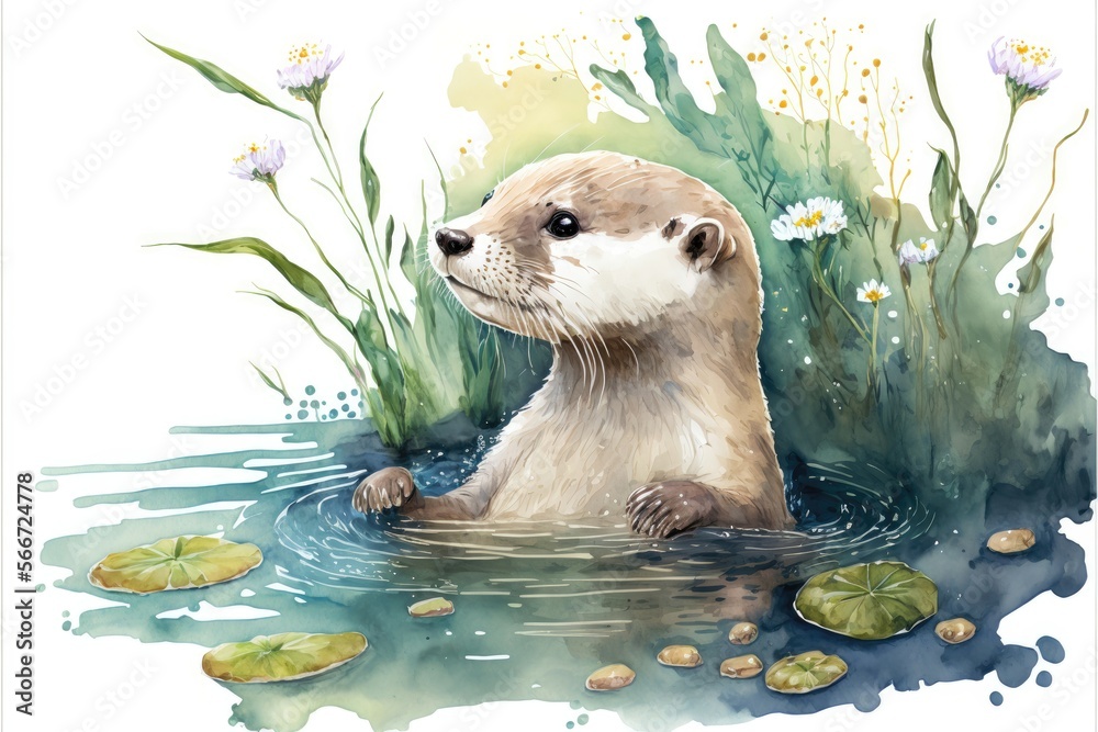 Cute otter is playing in lake. Watercolor painting of cute otter wild ...