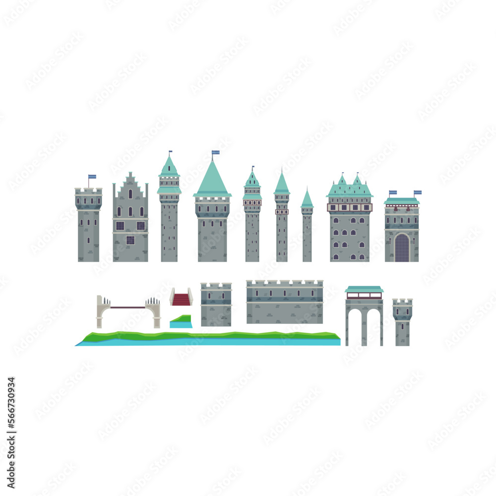 Stone medieval castle elements vector illustrations set. Collection of drawings of grey towers ...