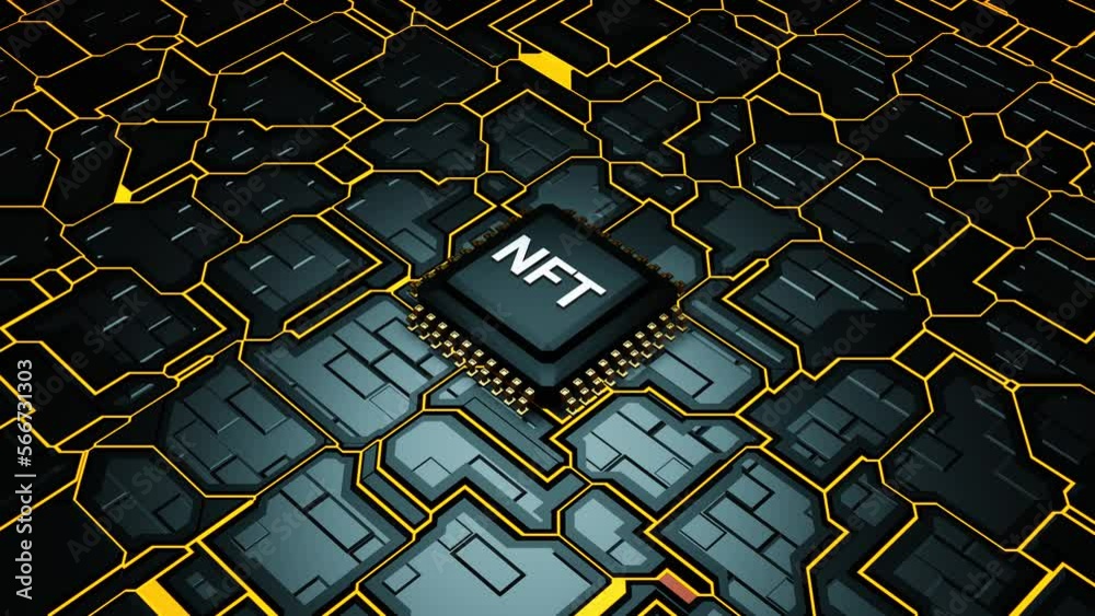 NFT text on motherboard chip animation, 3D glowing electronic circuit ...