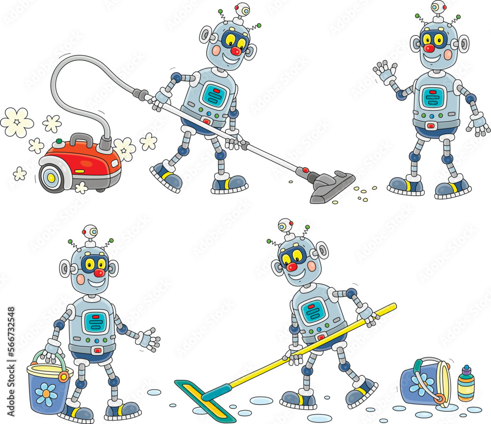 Cartoon set of a funny robot doing housework with a vacuum cleaner, a ...
