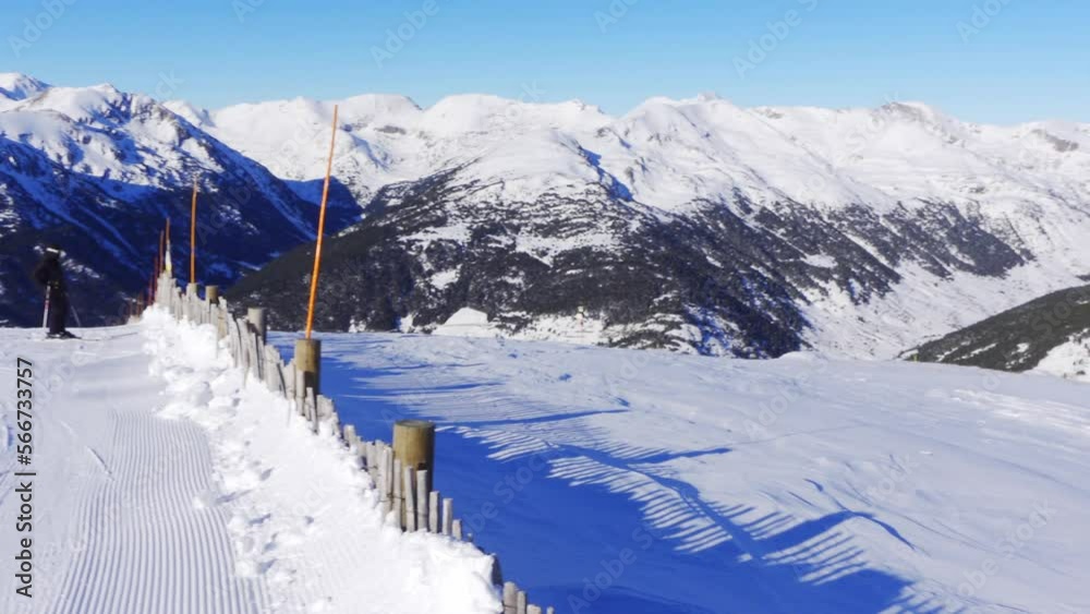 Panoramic view of the high snowy mountains of the ski resort of Andorra ...