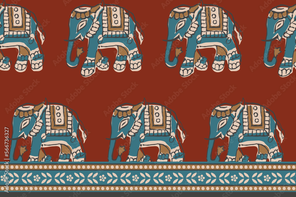 HAND DRAWN ELEPHANT PATTERN WITH BORDER AJRAKH BAGRU SANGANER BLOCK ...