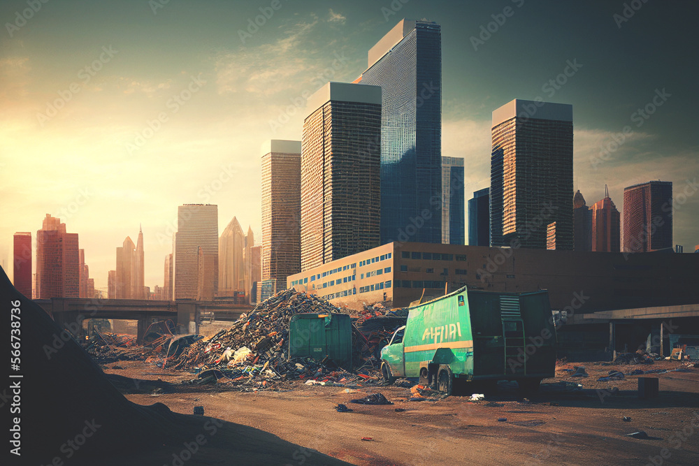 Pile of garbage on street in city, AI Generative. Landfill in city near ...