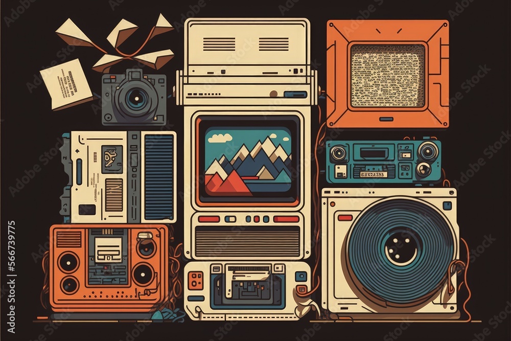 Background with electronics and old objects from the 80s and 90s, retro ...