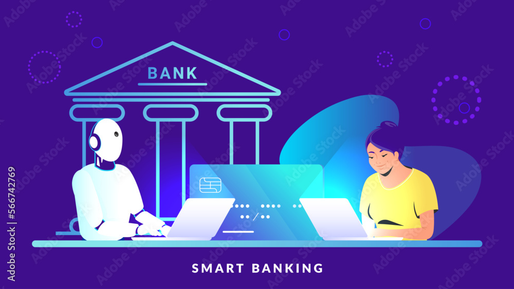 Smart banking with artificial intelligence. Gradient vector illustration of ai robot sitting ...