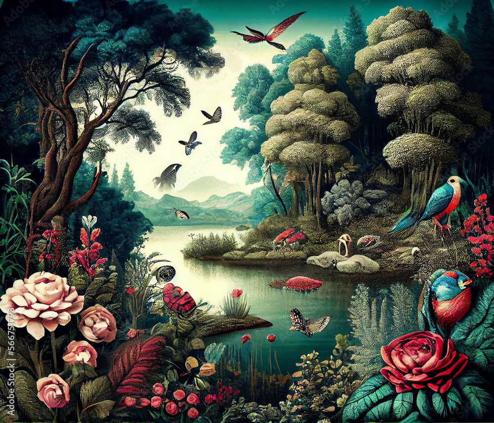 Vintage wallpaper depicting a forest landscape surrounding a pond with ...