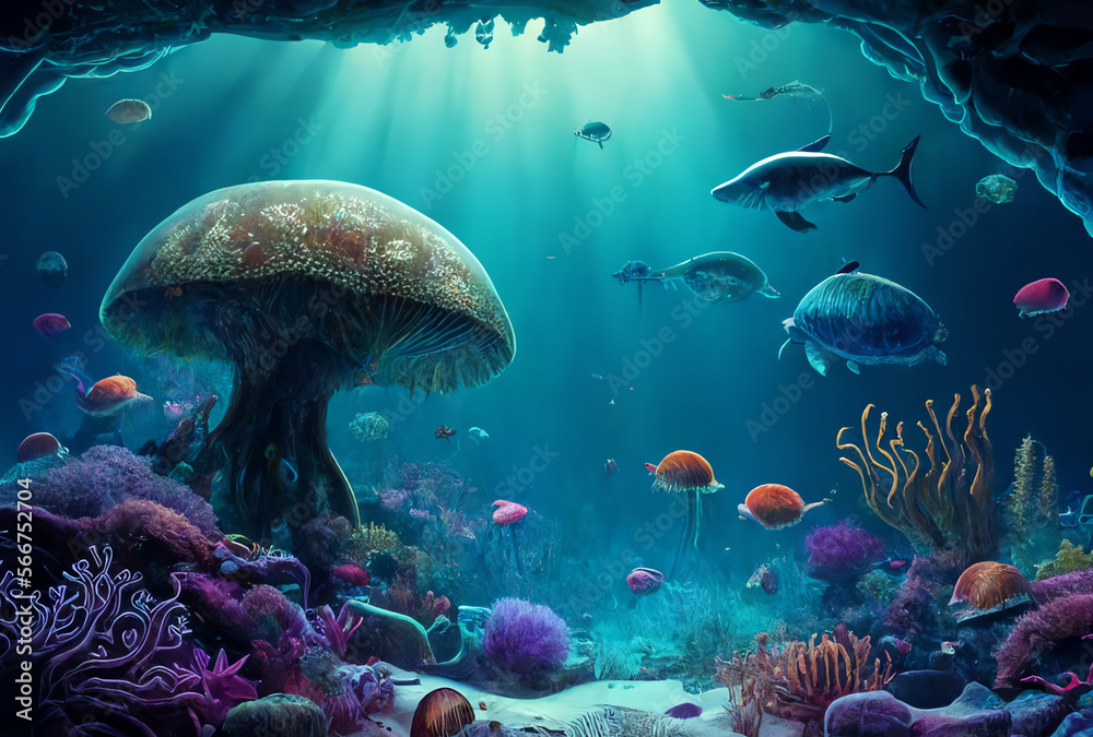 coral reef cove in a blue sea with sunlight and colorful fish and ...