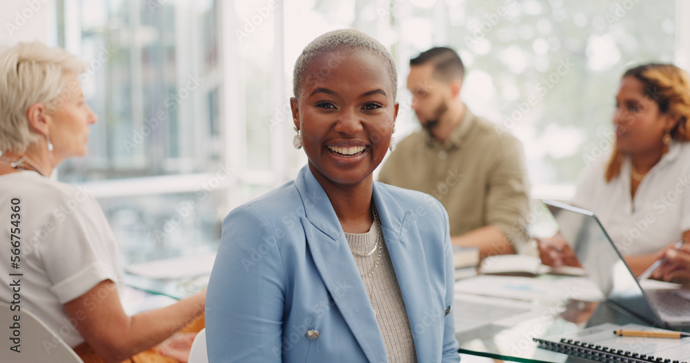 Face, leadership and happy black woman in meeting for planning sales ...
