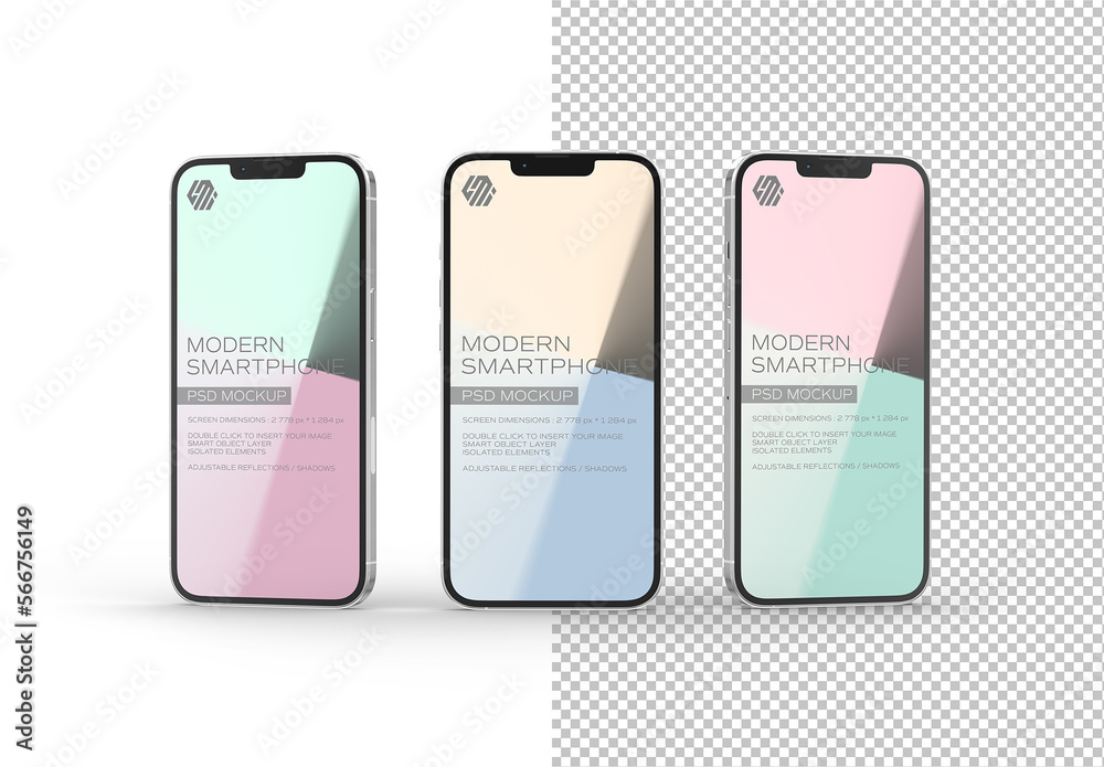 Three Mobile Phones Mockup Isolated On White Stock Template | Adobe Stock
