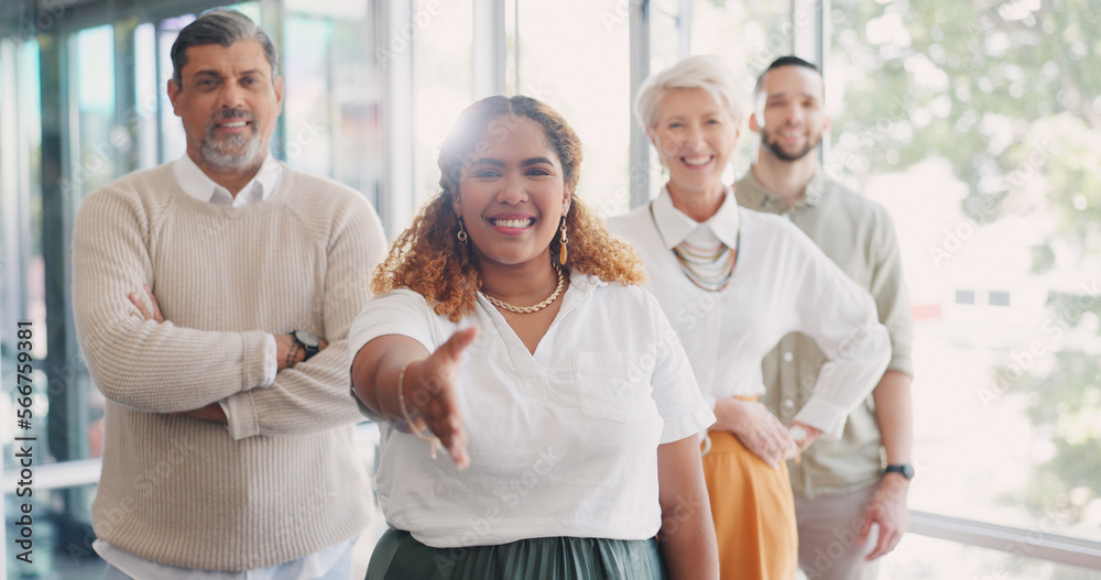 Recruitment, handshake and business team welcome from black woman ...