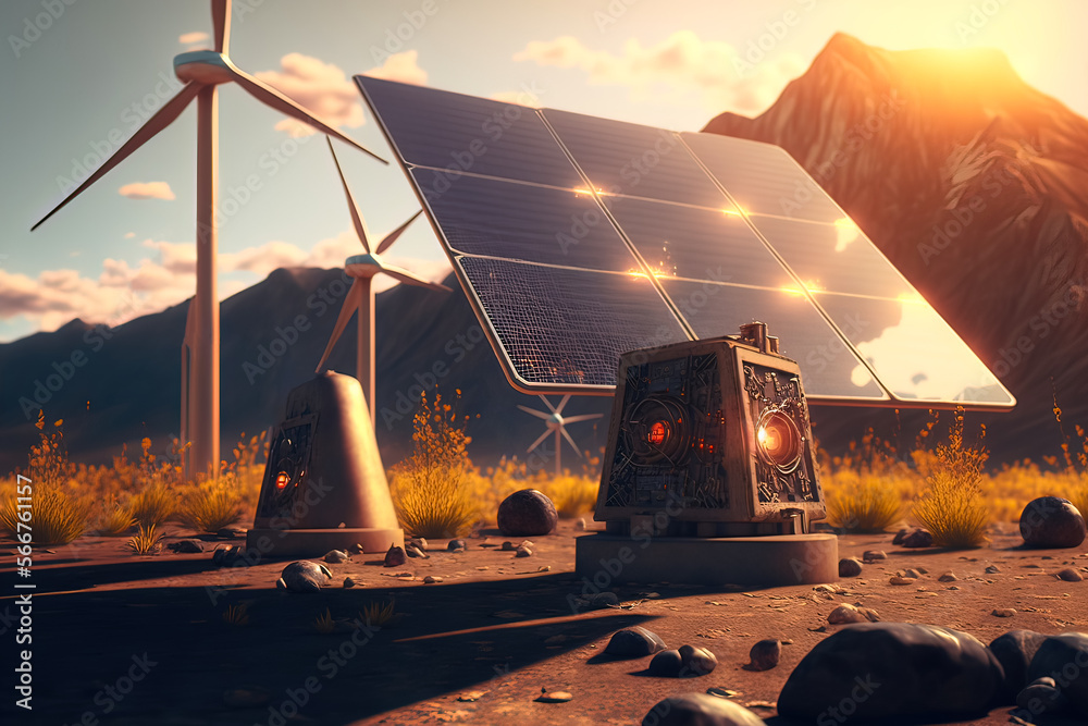 Futuristic solar panels, house and wind turbines that use green energy ...