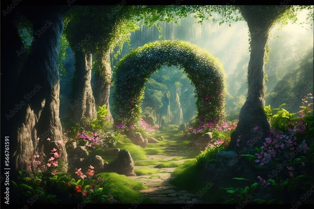 Unreal fantasy landscape with trees and flowers. Garden of Eden, exotic fairytale fantasy forest ...