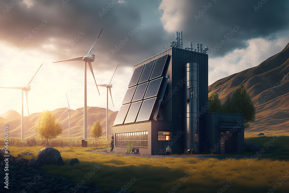 Futuristic solar panels, house and wind turbines that use green energy ...