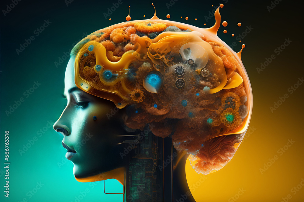 AI generated tech brain with robotic girl's face, concept digital art ...