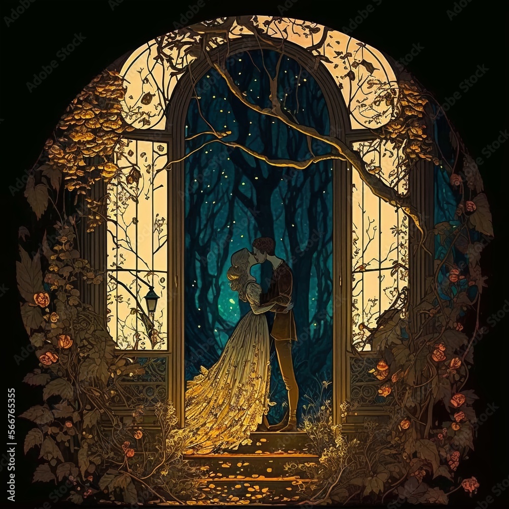 Fairytale Couple Kissing in Fantasy Bower with Stained Glass Window ...