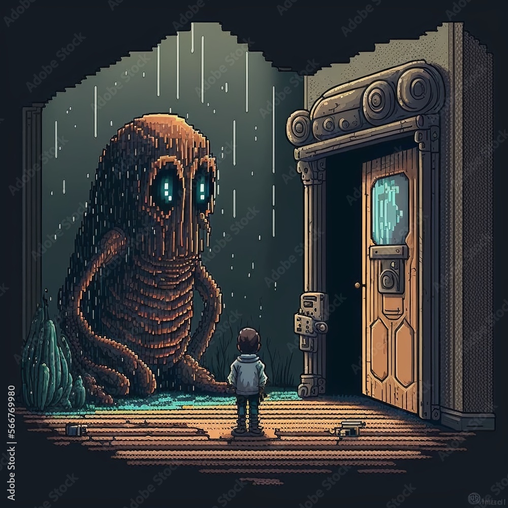 Retro Video Game Pixelart Illustration of a Boy and a Tentacled Monster ...
