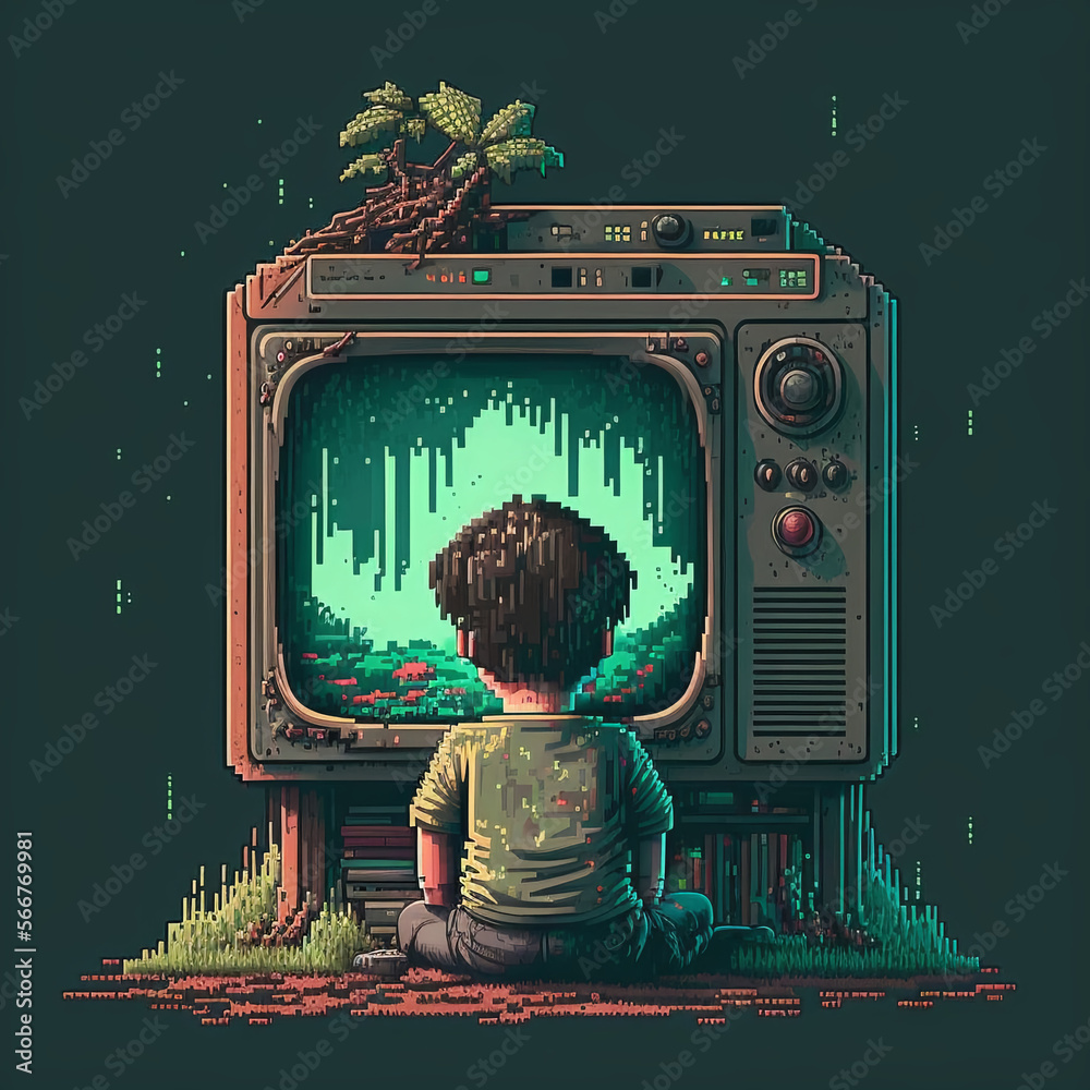 Retro Video Game Pixelart Illustration of a Child Sitting on a Patch of ...