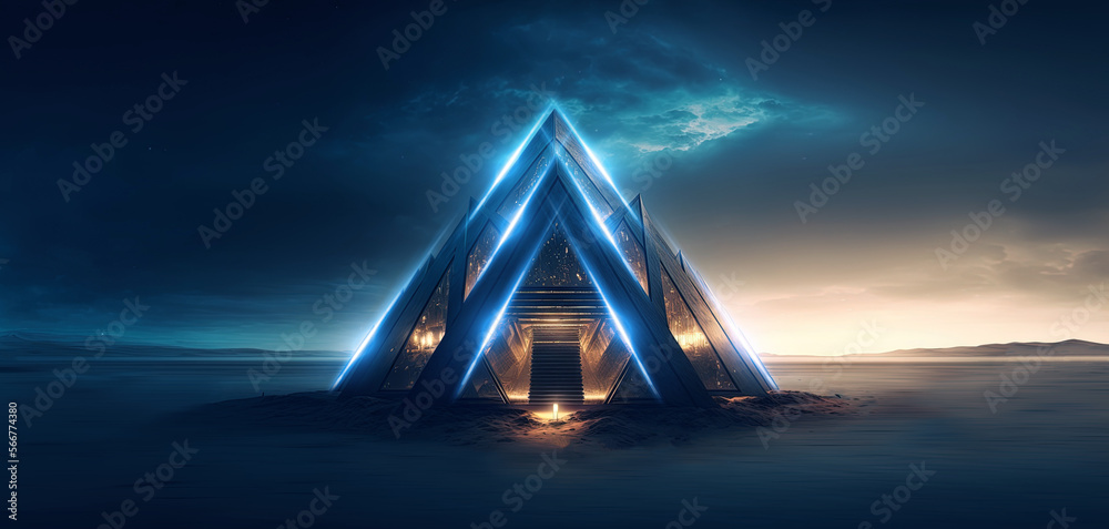 Sci-fi space background with pyramid. Science and technology platform ...