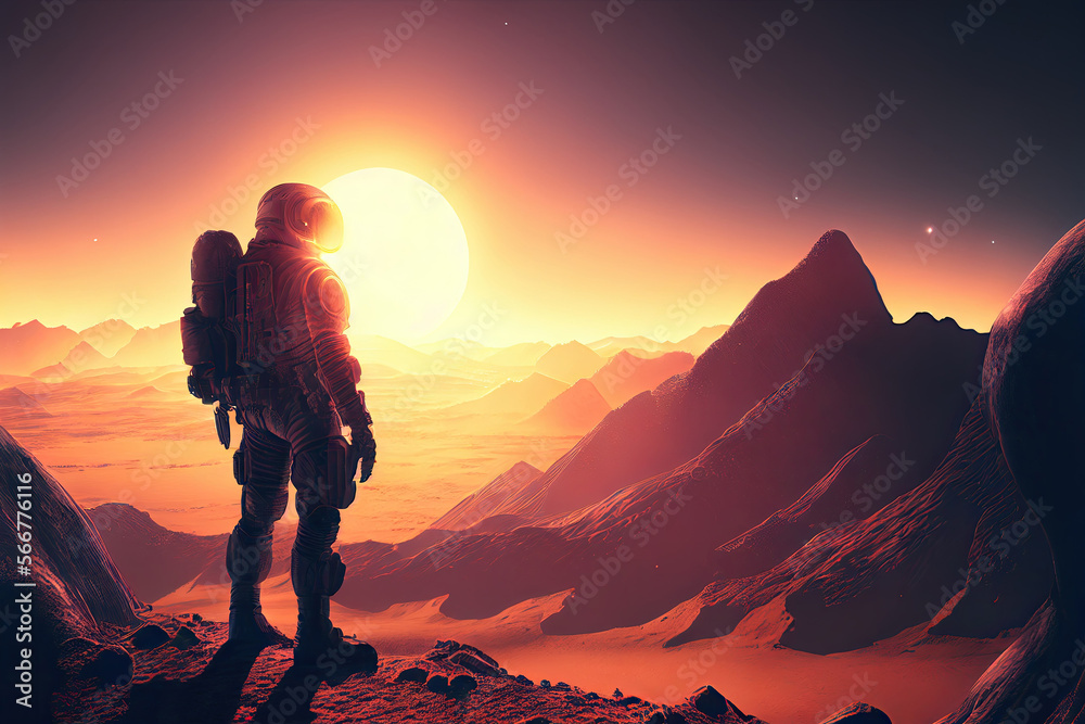 Alone astronaut in space suit on surface of red planet. Space ...