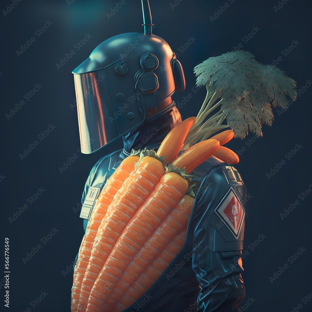 a carrot in a human body in a police uniform, futuristic vegetables ...