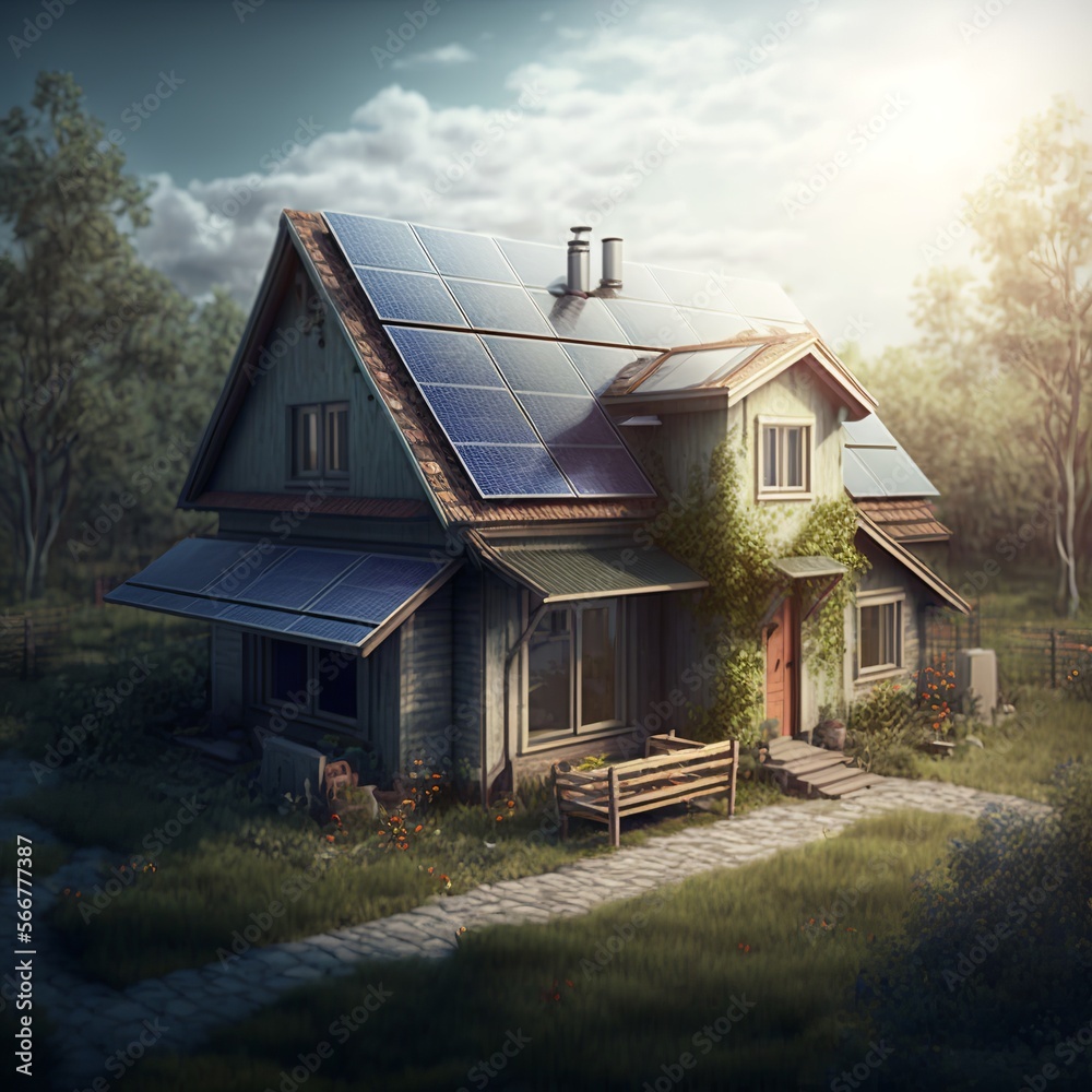 House with solar panels on the roof, ideal for sustainable energies ...