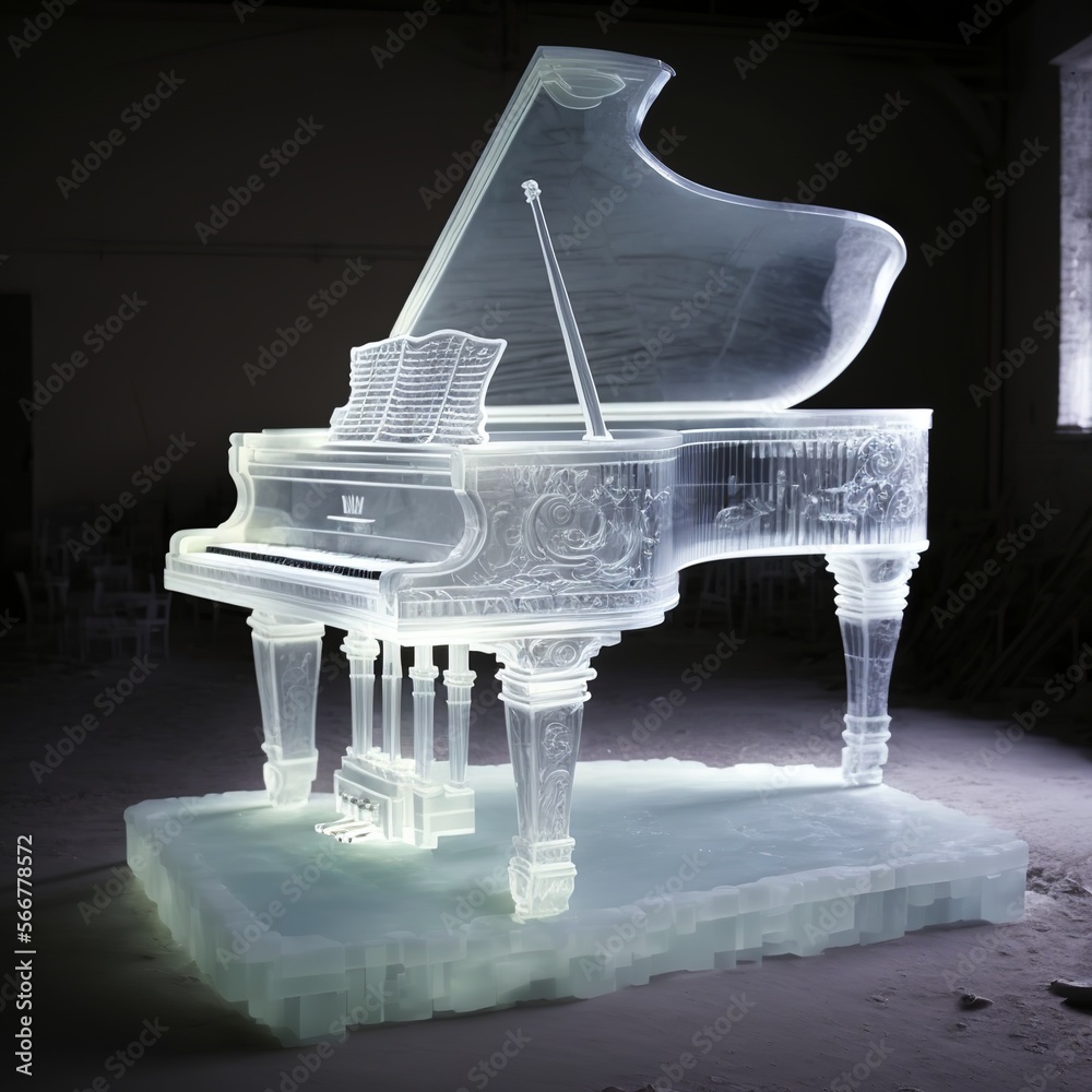 piano made of ice sculpture, detailed elaboration ice cold frozen ...