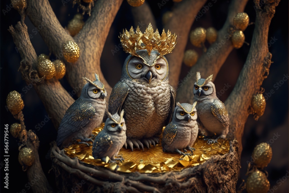 a group of owls sitting on top of a tree stump next to gold balls and a ...