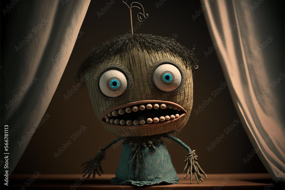 Funny scary and cute 3d puppet character marionette. Sinister and grin ...