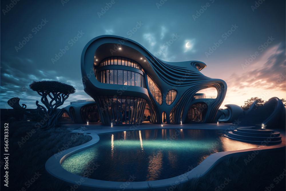 organic architecture villa exterior with infinity pool. designed using ...
