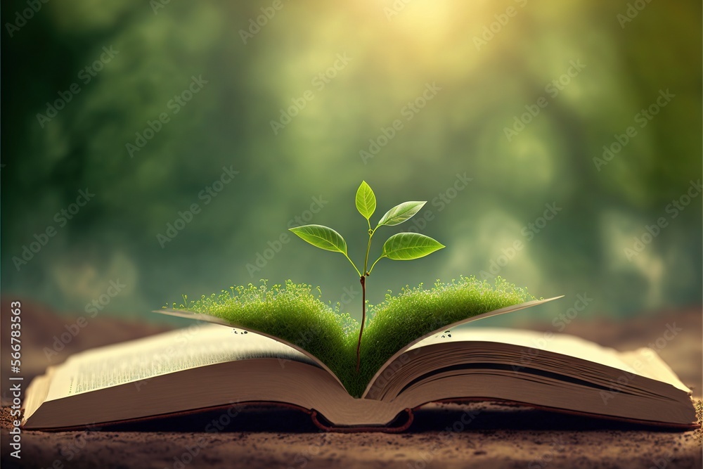 an open book with a plant growing out of it on top of a dirt ground in ...