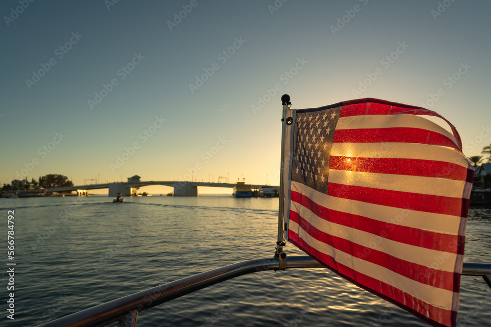 american flag on sailing yacht in the gulf of Mexico at sunset Stock ...