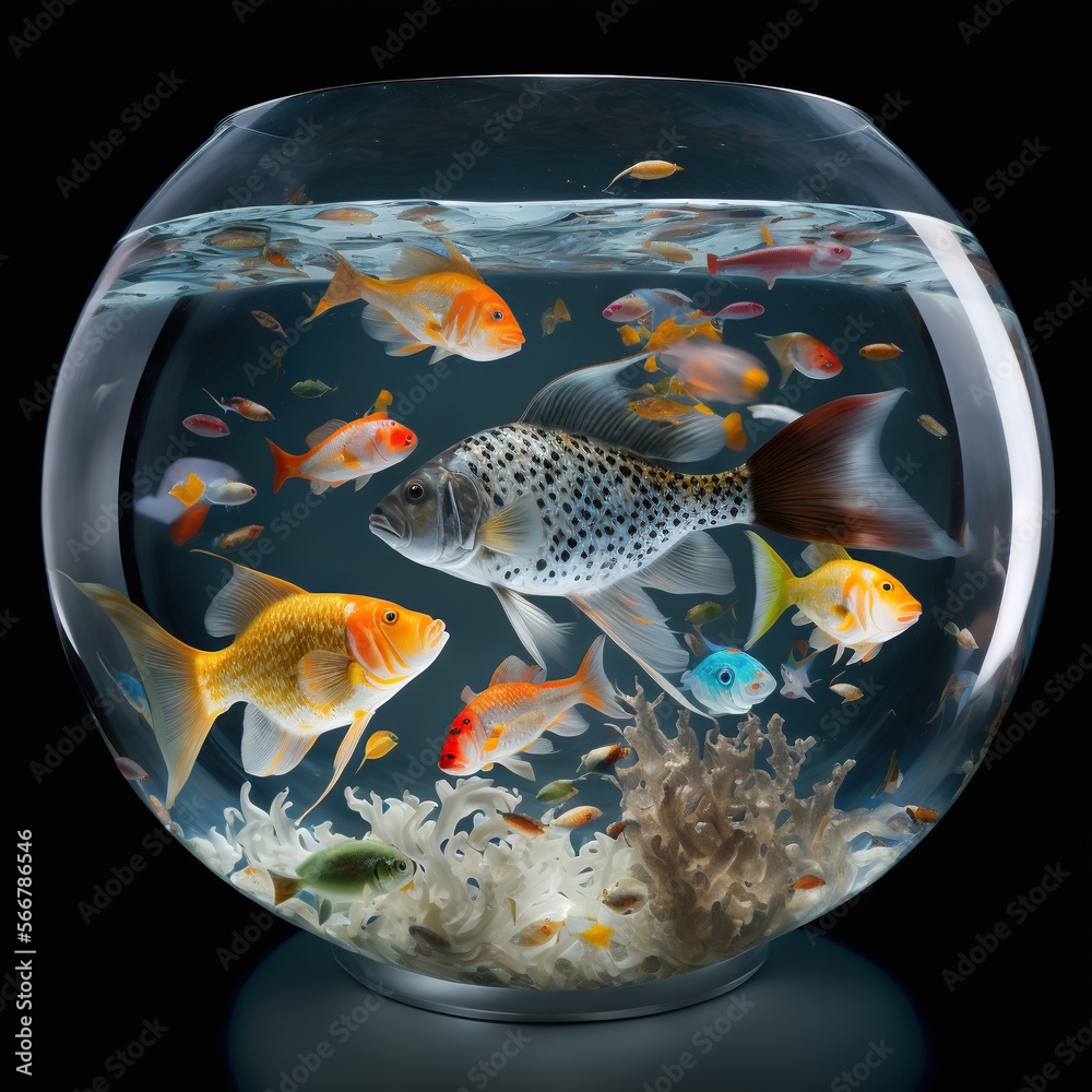 a fish bowl filled with lots of different types of fish in it's water ...