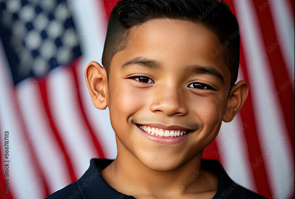 Smiling Young Latino American Boy Standing in Front of the American ...