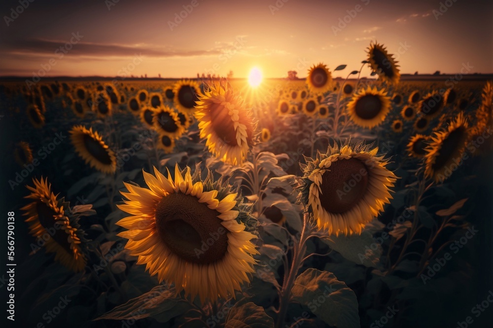 A photo of a field of sunflowers, captured during the golden hour, with ...