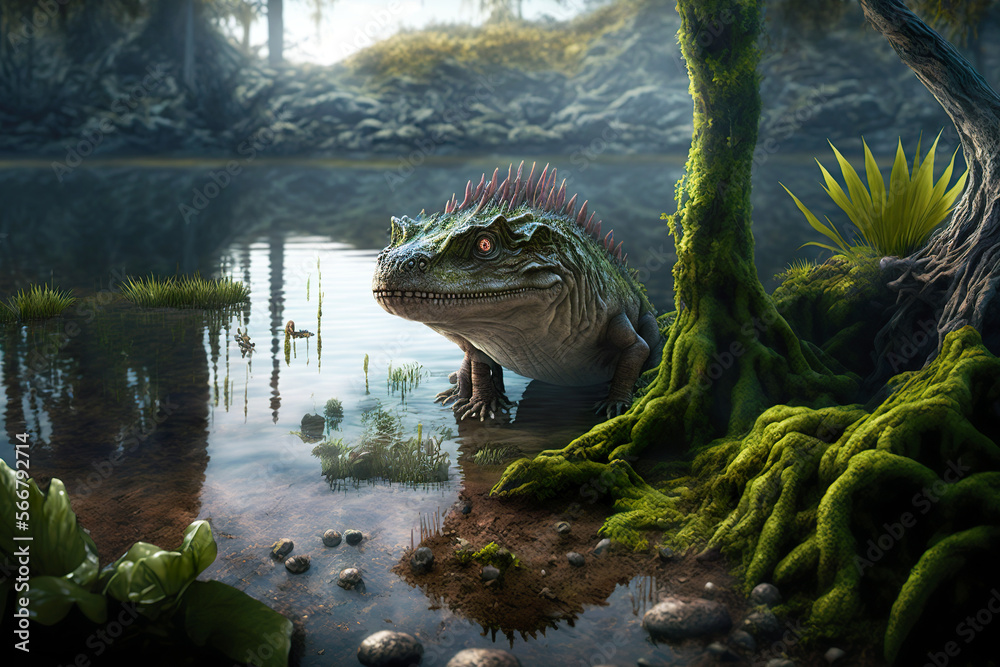 In an ancient alien world, different animal species live in the swamp ...