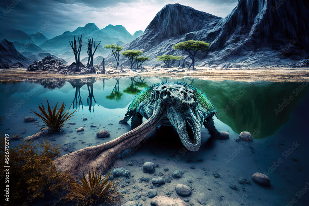 In an ancient alien world, different animal species live in the swamp ...