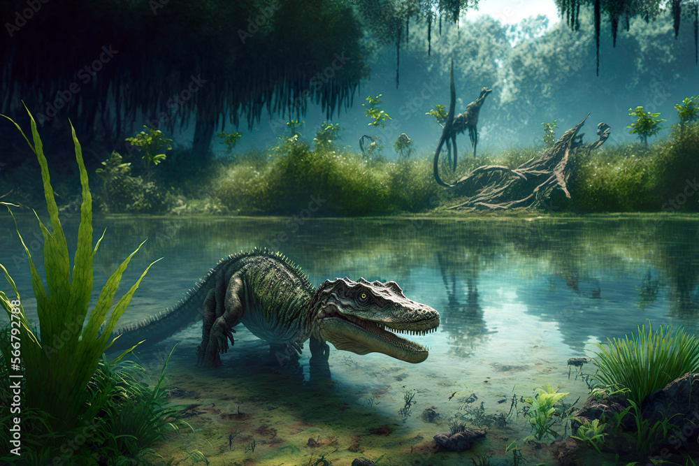 In an ancient alien world, different animal species live in the swamp ...