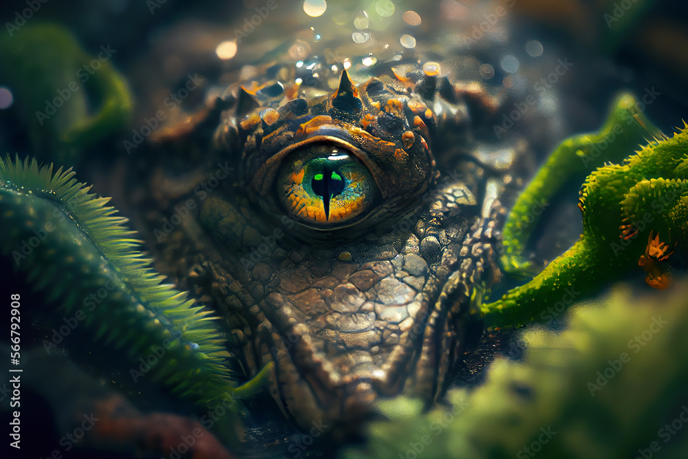 In an ancient alien world, different animal species live in the swamp ...