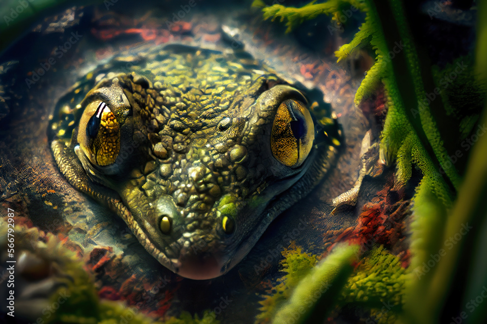 In an ancient alien world, different animal species live in the swamp ...