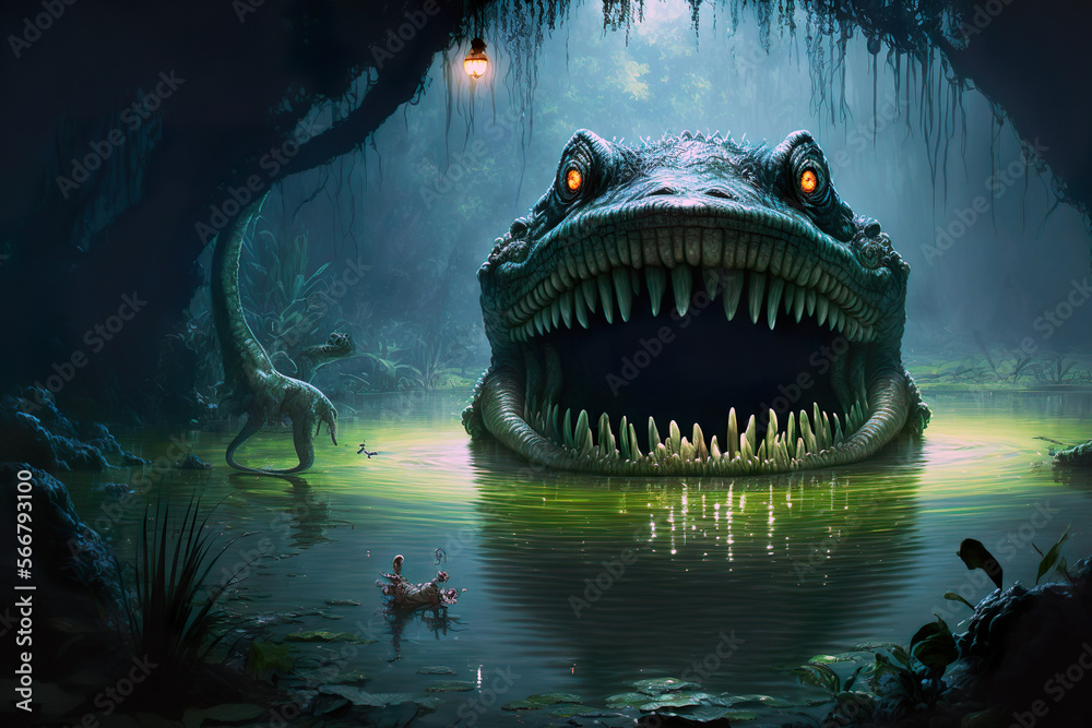 In an ancient alien world, different animal species live in the swamp ...