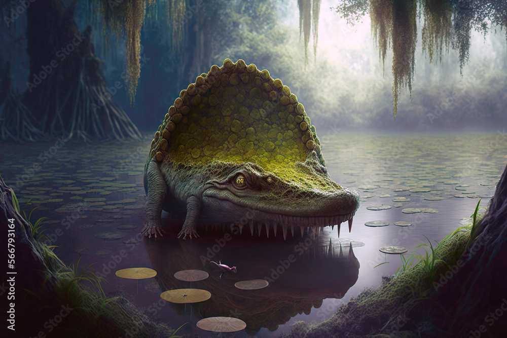 In an ancient alien world, different animal species live in the swamp ...