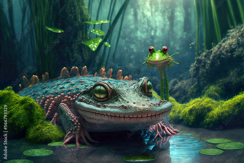 In an ancient alien world, different animal species live in the swamp ...