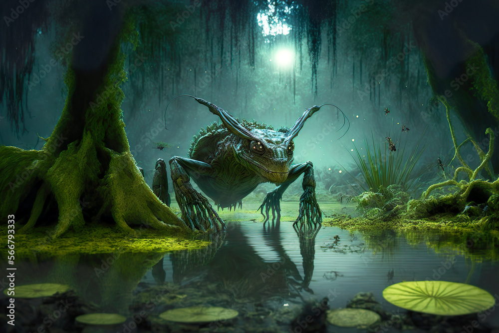 In an ancient alien world, different animal species live in the swamp ...